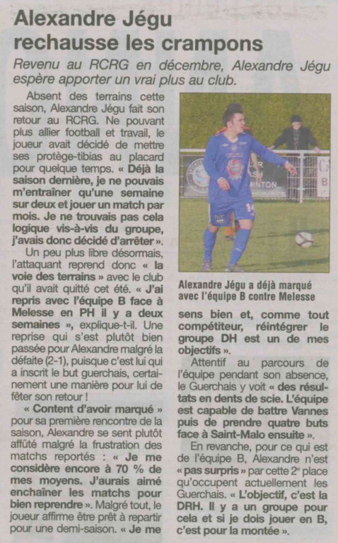 Alexandre Jegu : Le retour - Racing Club RANNEE LA GUERCHE